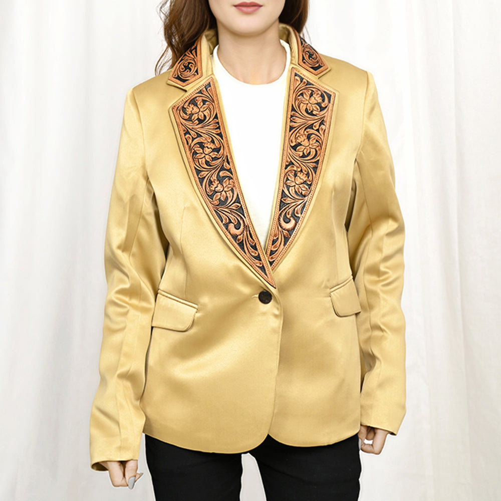 Artisanal Hand-Tooled Floral Leather & Yellow Fabric Western Blazer ...