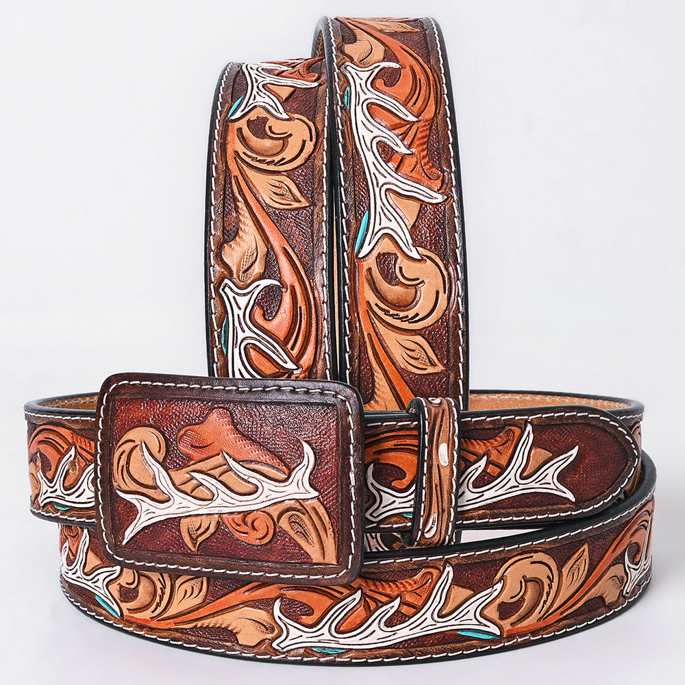ADBLF289 Tooled Leather Western Belt - White Antler & Scroll Floral De ...